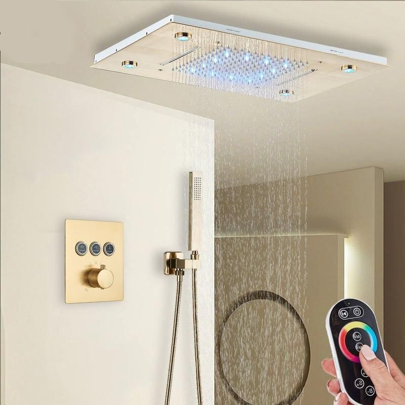 Luxury Gold Thermostatic LED Shower Set with Rainfall & Waterfall ...