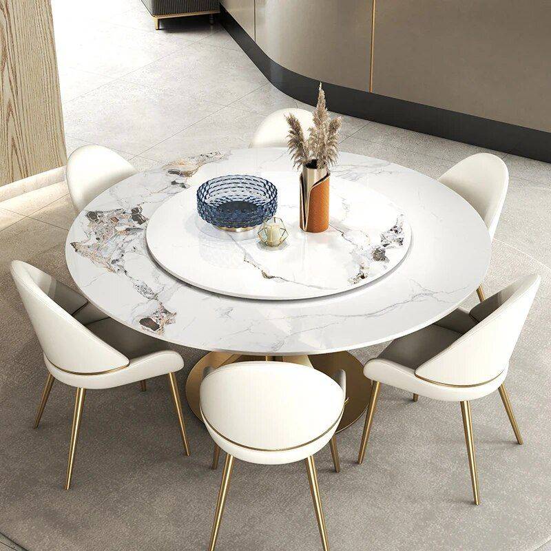 Luxury Marble Round Dining Table with Gold Stainless Steel Frame and ...