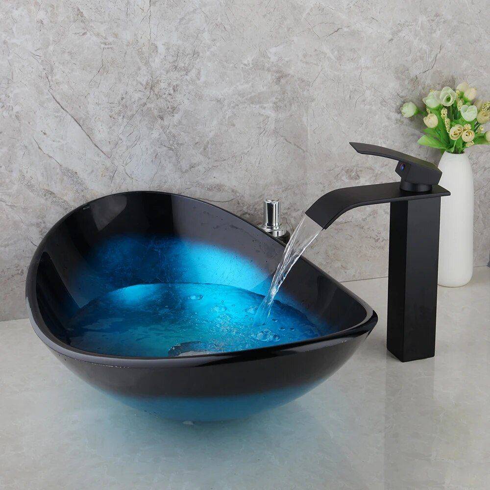 Tempered Glass Waterfall Faucet Oval Basin with Drain Pipe - Joy To Use